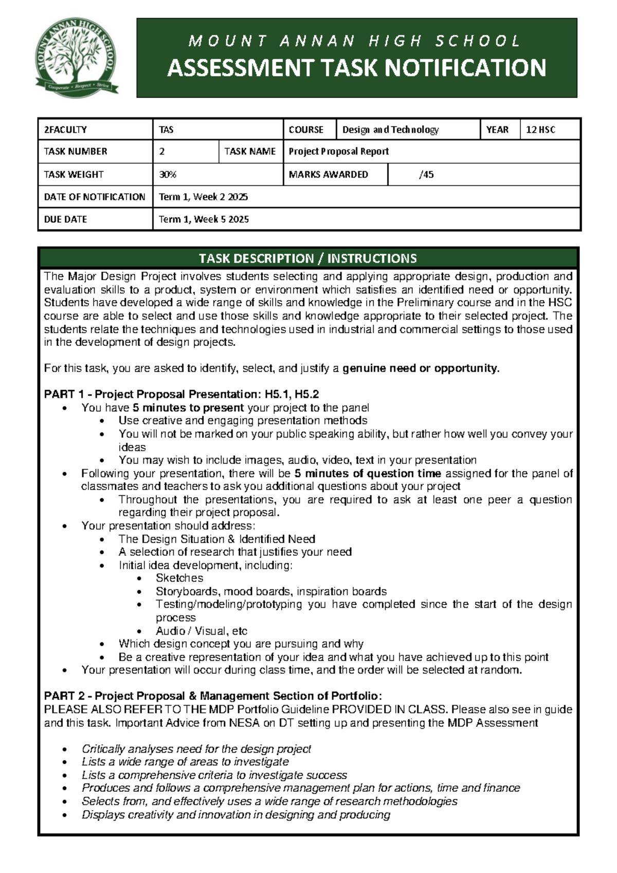 MOUNT ANNAN HIGH SCHOOL YEAR 12 HSC Design & Tech Task 2 Proposal ...