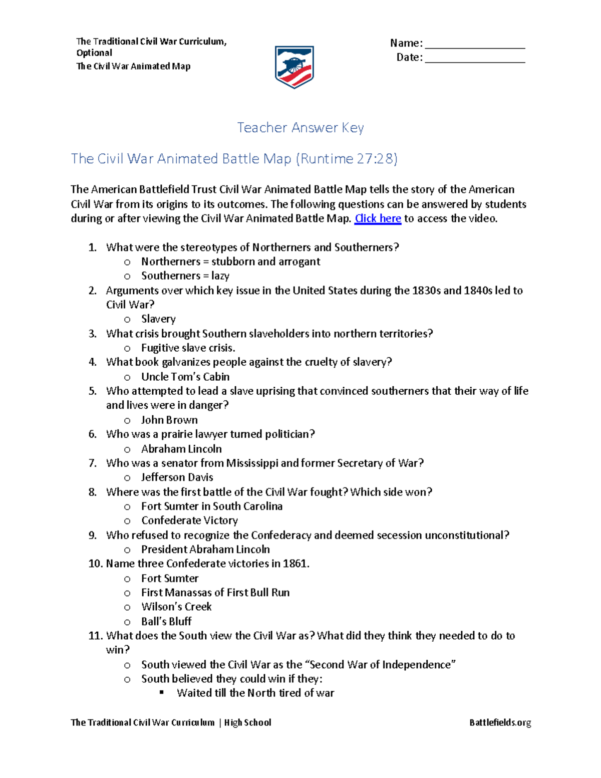 Civil War Animated Map Questions - Teacher Answer Key (HS-TD) - Studocu