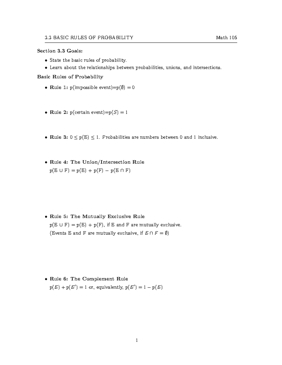 Basic Rules of Probability - Math 105 Notes - Section 3 Goals:3 BASIC ...