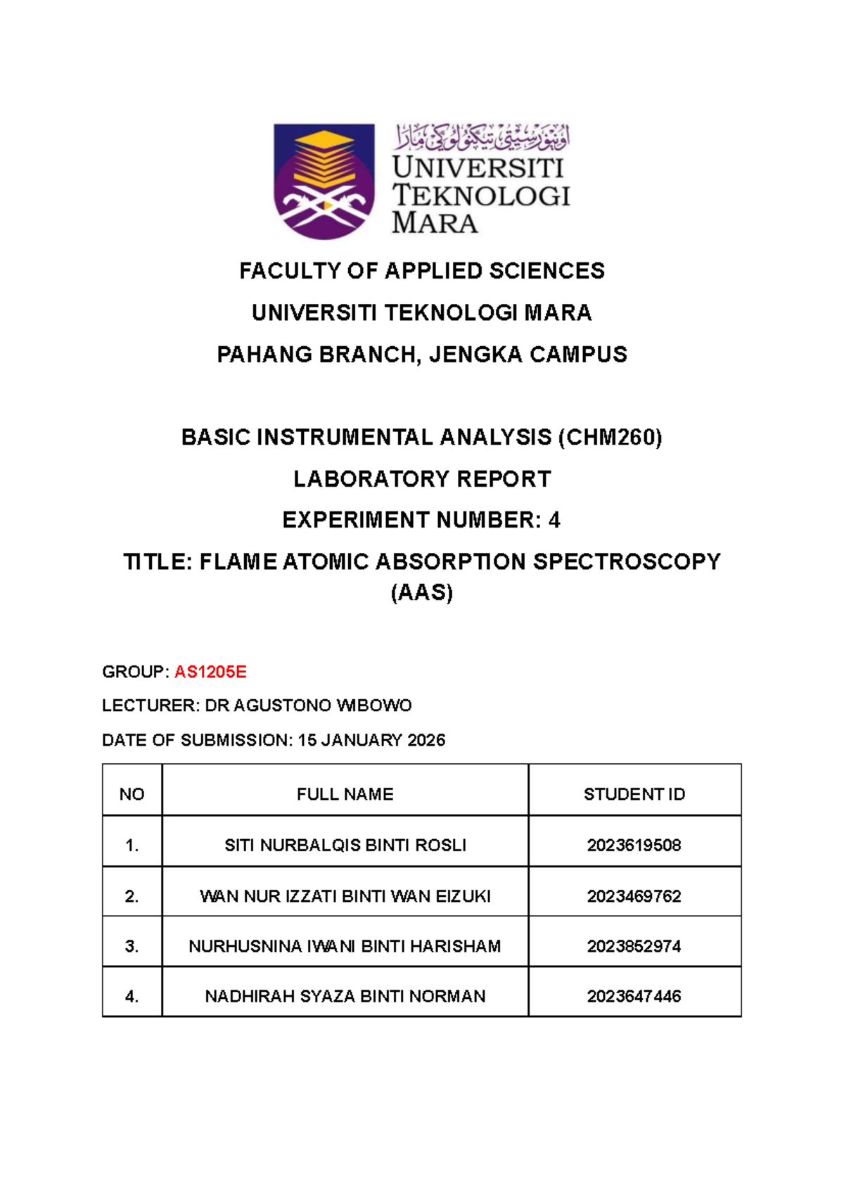 CHM260 Final Lab Report: Flame Atomic Absorption Spectroscopy Analysis ...