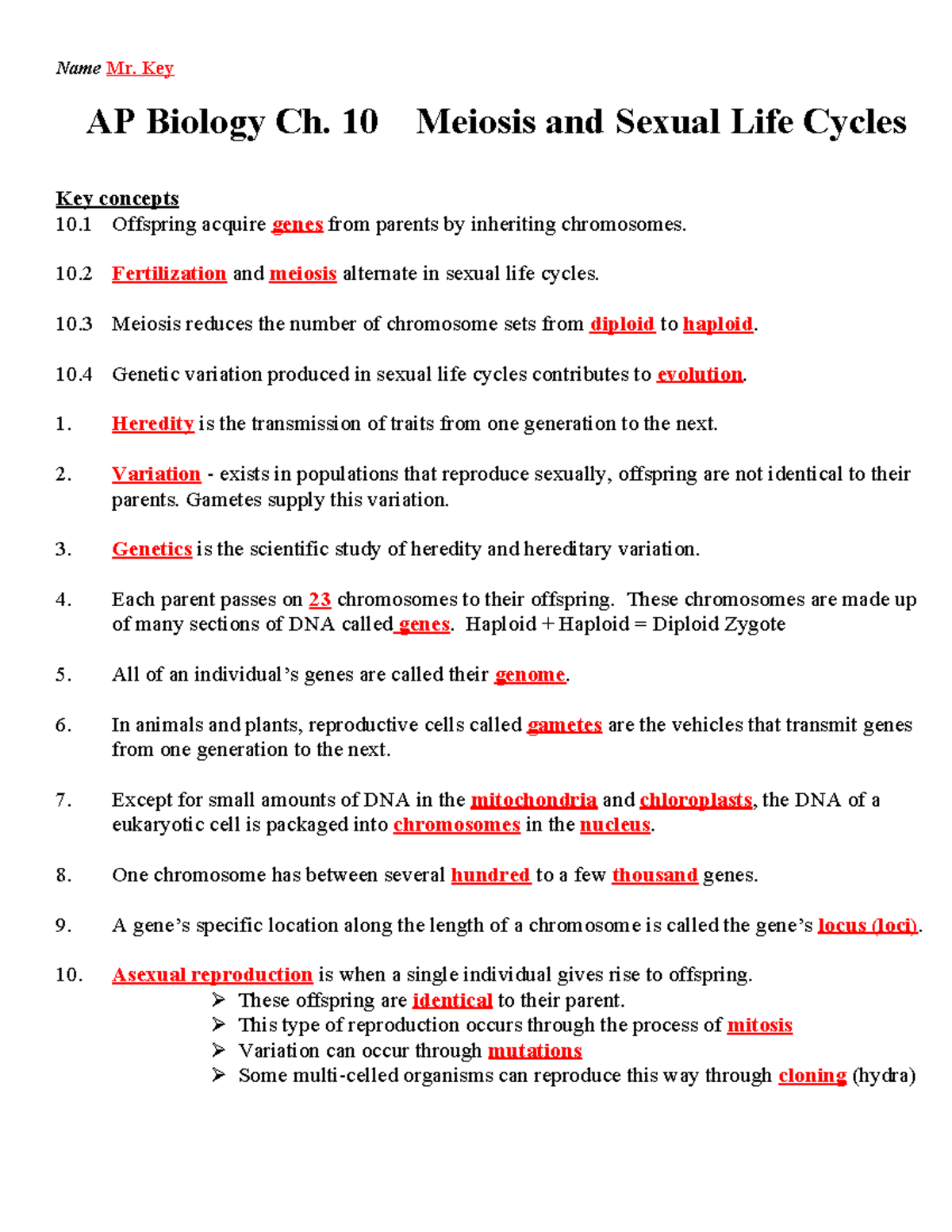 Ch. 10 Meiosis Key Concepts - AP Biology Study Guide - Studocu
