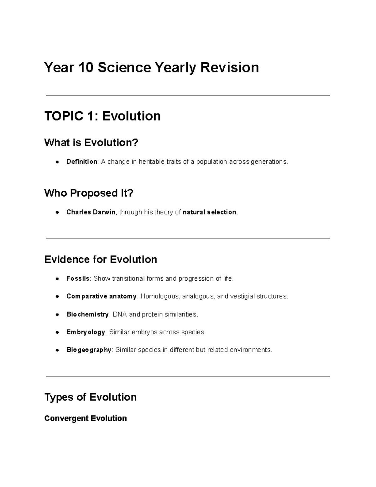 Year 10 Science - Comprehensive Revision Notes on Evolution, Chemistry ...