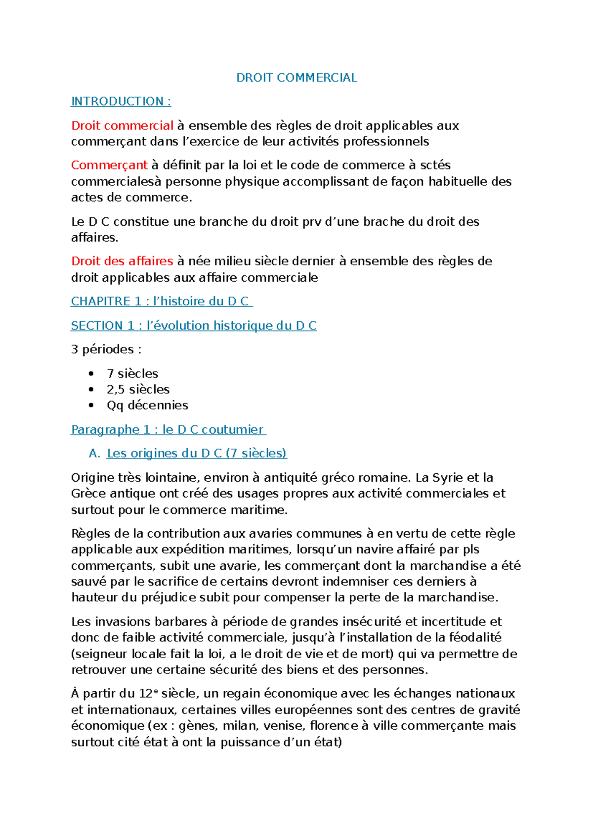 Cours de Droit Commercial (DC101) : Introduction et Historique - Studocu
