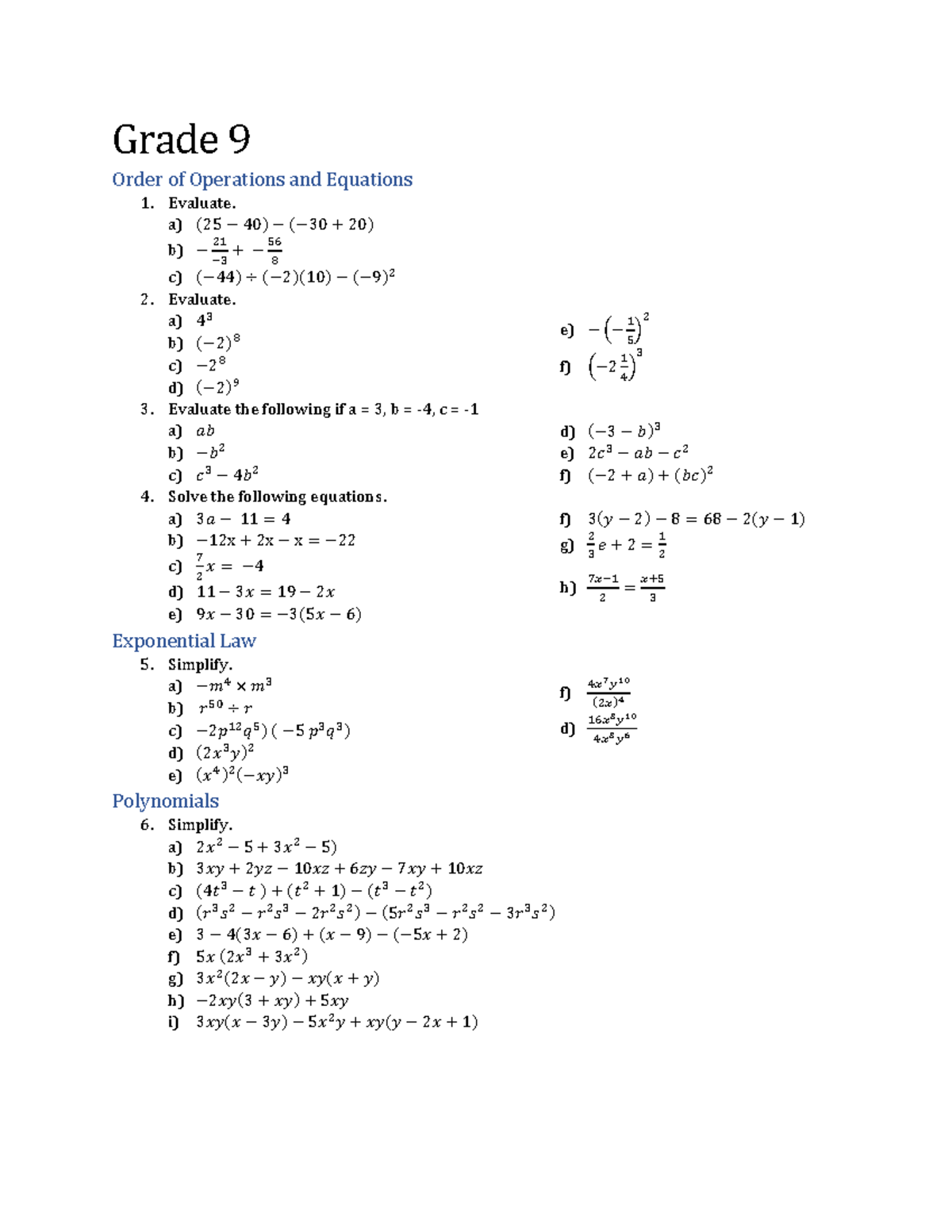 Grade 9 Review - qtb nb - Grade 9 Order of Operations and Equations ...