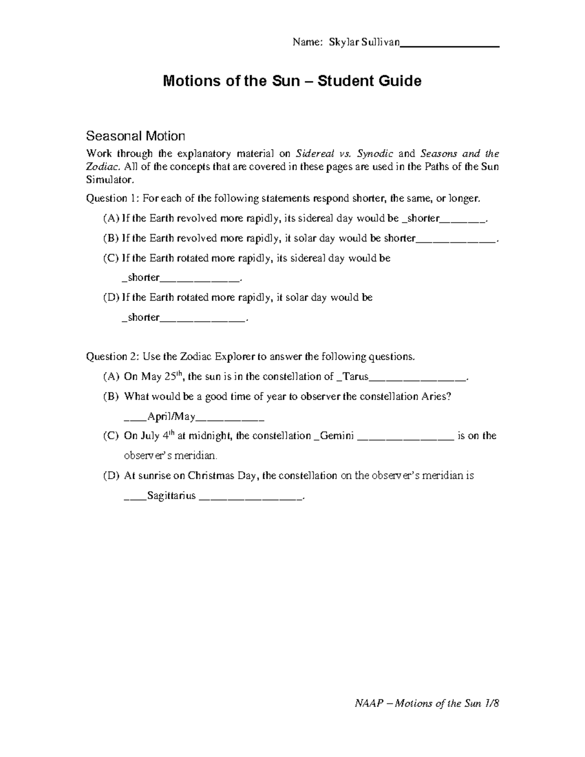Motions of the Sun - PHYS 101 Lab Worksheet and Guide - Studocu