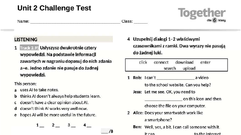 Together dla 6 klasy Unit 2 Challenge Test - Listening & Vocabulary ...