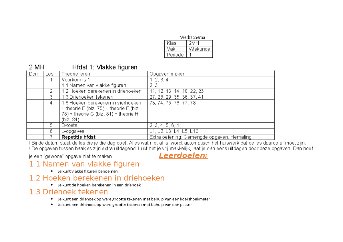 2MH Werkschema Hfdst 1: Vlakke Figuren - Wiskunde Periode 1 - Studeersnel