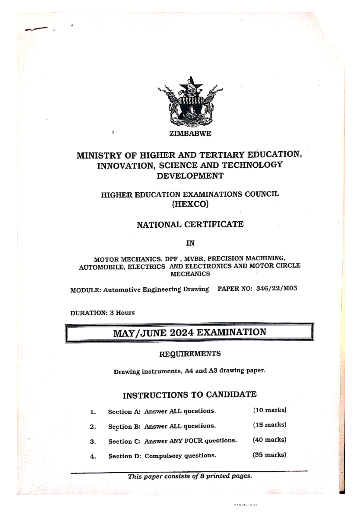 Automobile Engineering Drawing Past Exam Papers DPF 2024 - Studocu