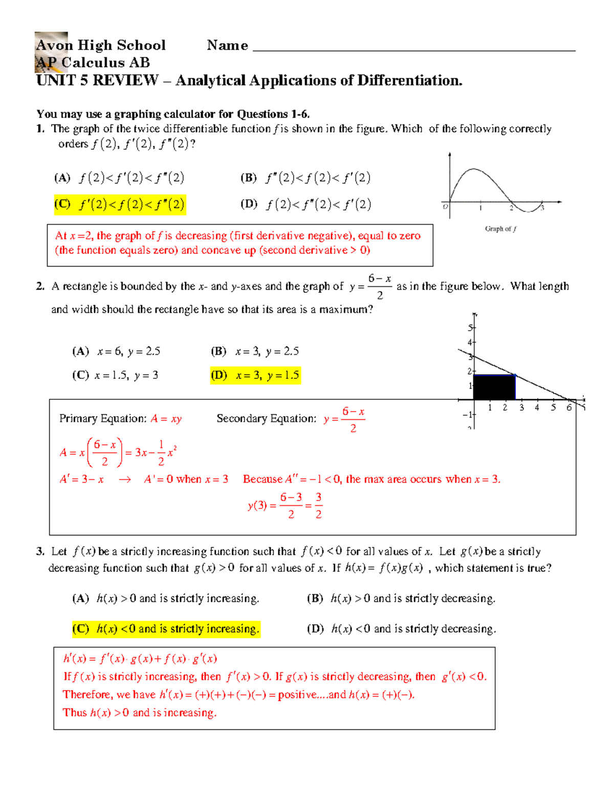 AP Calculus AB Unit 5 Review - Analytical Applications of ...