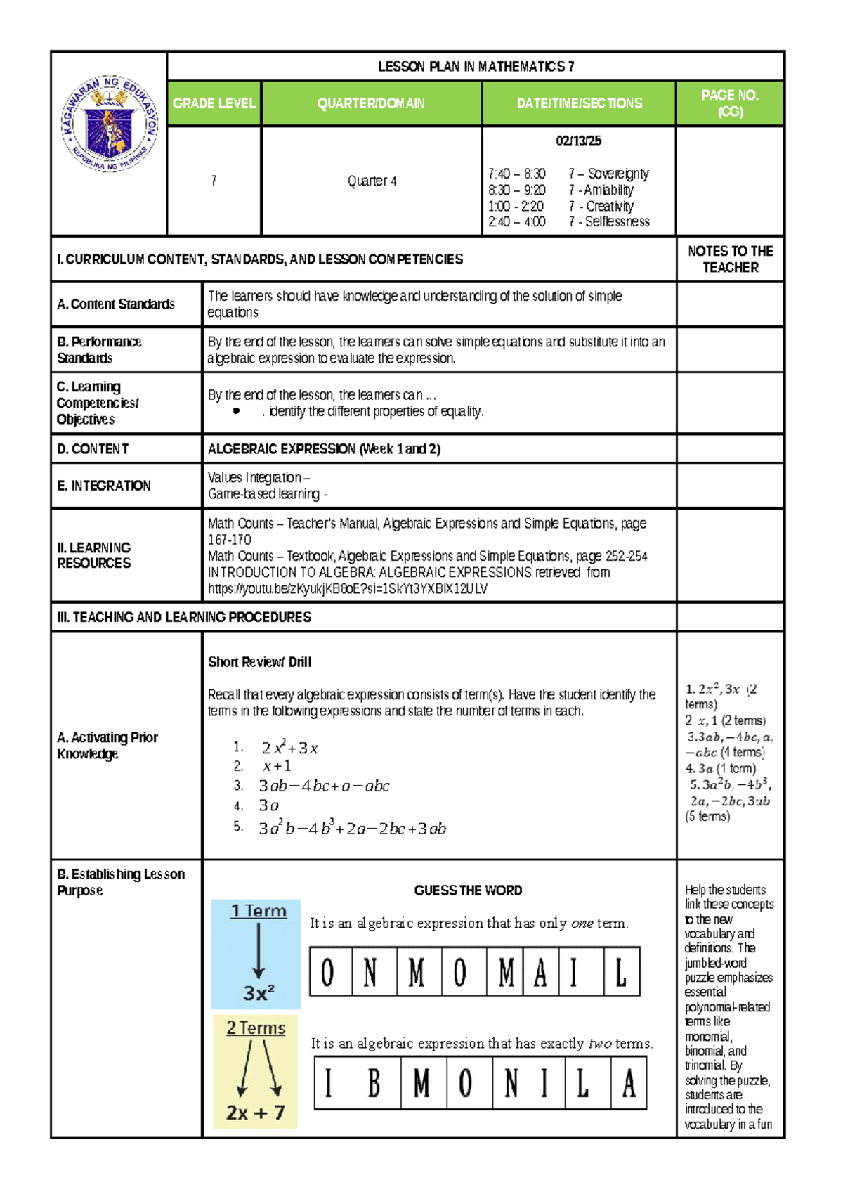 Mathematics 7 Lesson Plan: Algebraic Expressions & Equations - Studocu