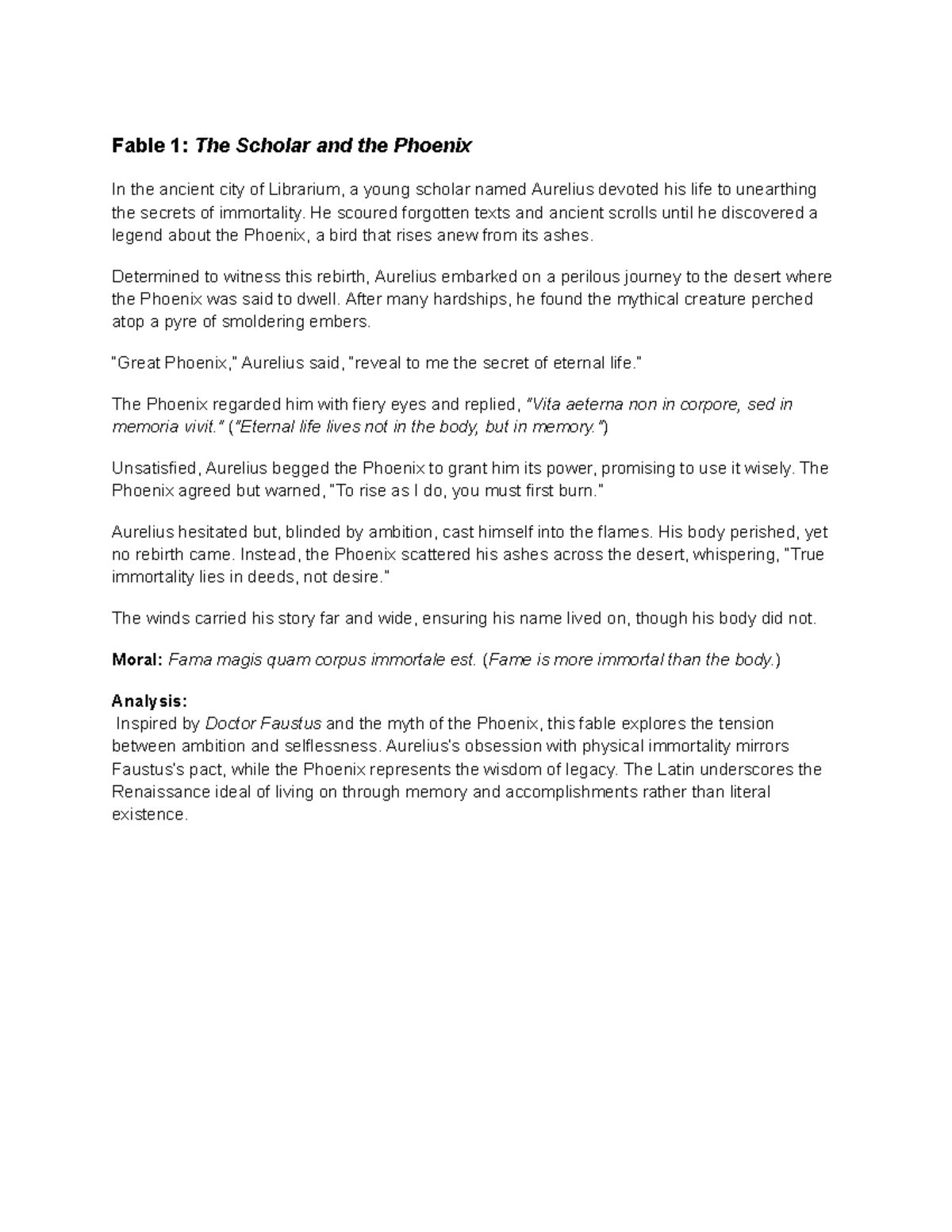 F 1: The Scholar and the Phoenix - A Fable of Legacy and Ambition - Studocu