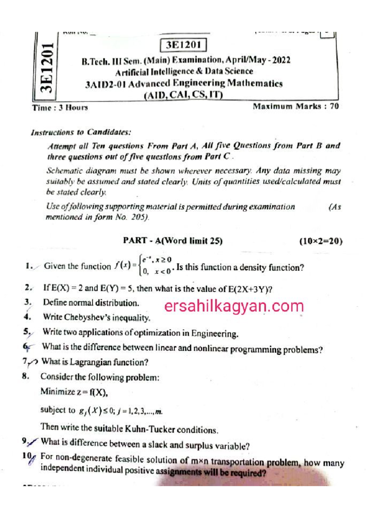 AEM1 2022 - B.Tech. Sem. Main Exam Question Paper on AI & Data Science ...