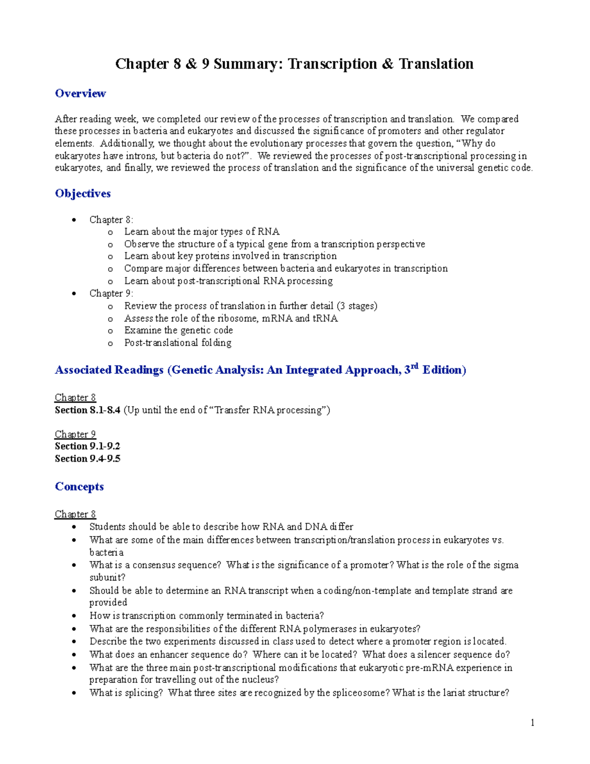 Chapter 8 & 9 Summary: Transcription and Translation Processes - Studocu