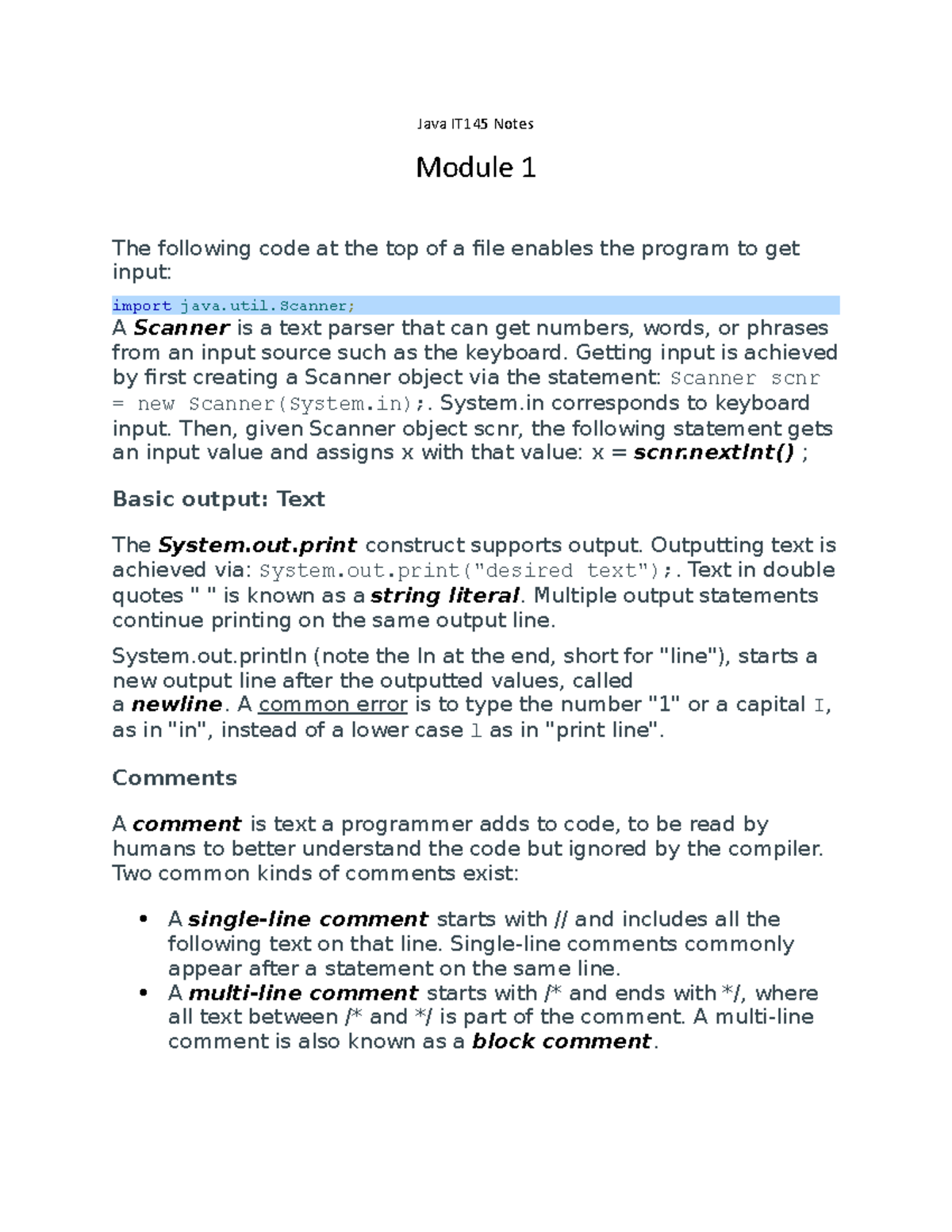 Java IT145 Module 1 Notes: Input, Output, and Variables Basics - Studocu
