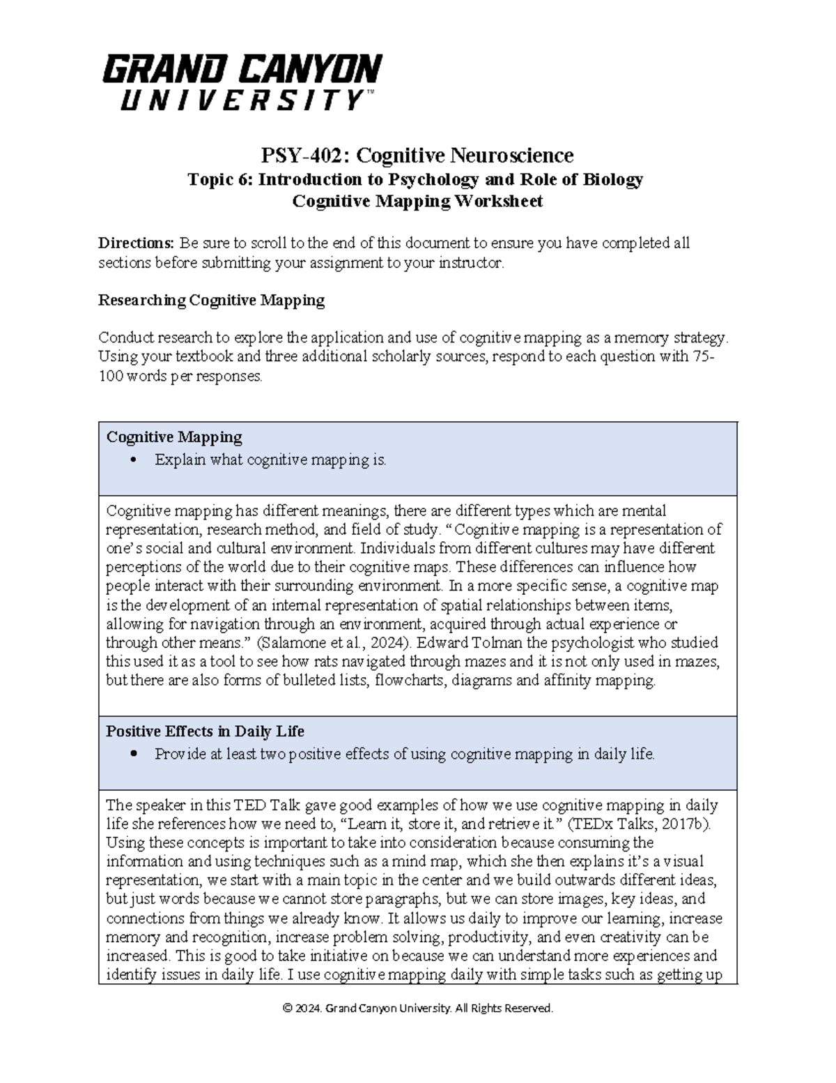 PSY402 Cognitive Neuroscience: Cognitive Mapping Worksheet (Week 6 ...