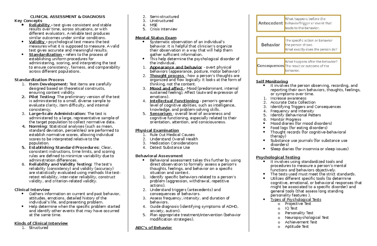 CLINICAL ASSESSMENT DIAGNOSIS: Key Concepts in Abnormal Psychology (PSY ...