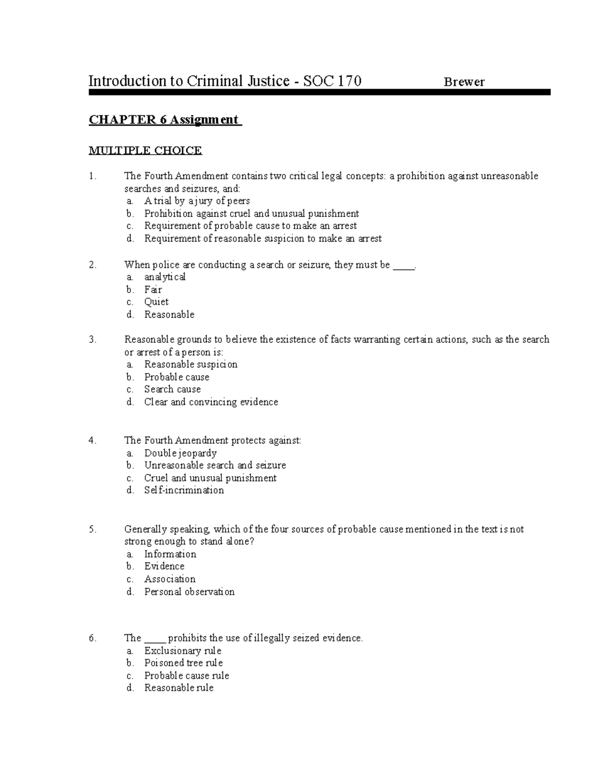 SOC 170 Chapter 6 Assignment - Worksheet on Fourth Amendment Concepts ...