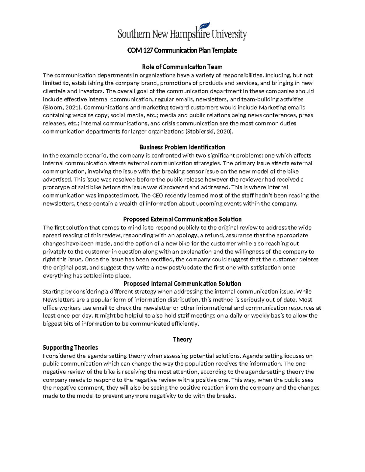 COM 127 Communication Plan Template Analysis and Solutions - Studocu