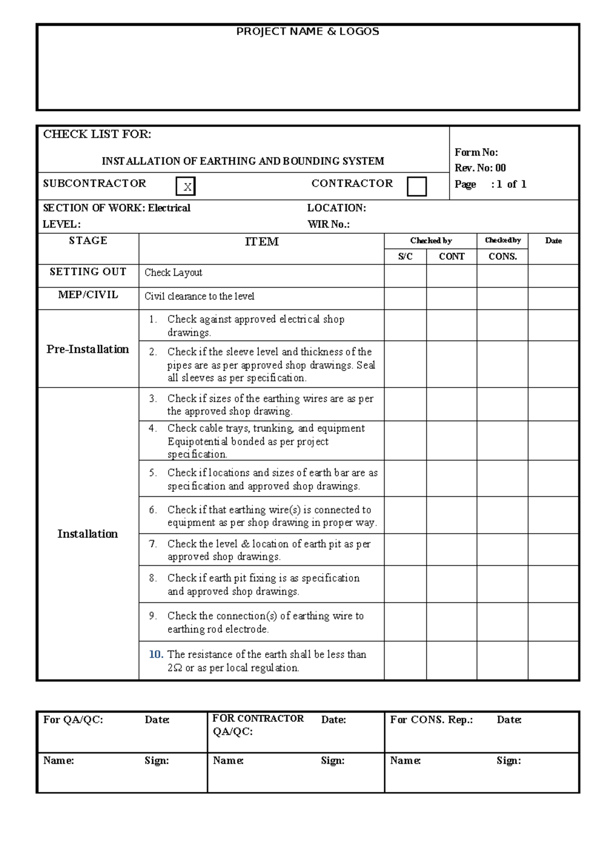 Checklist for Earthing & Bonding System Installation - Studocu