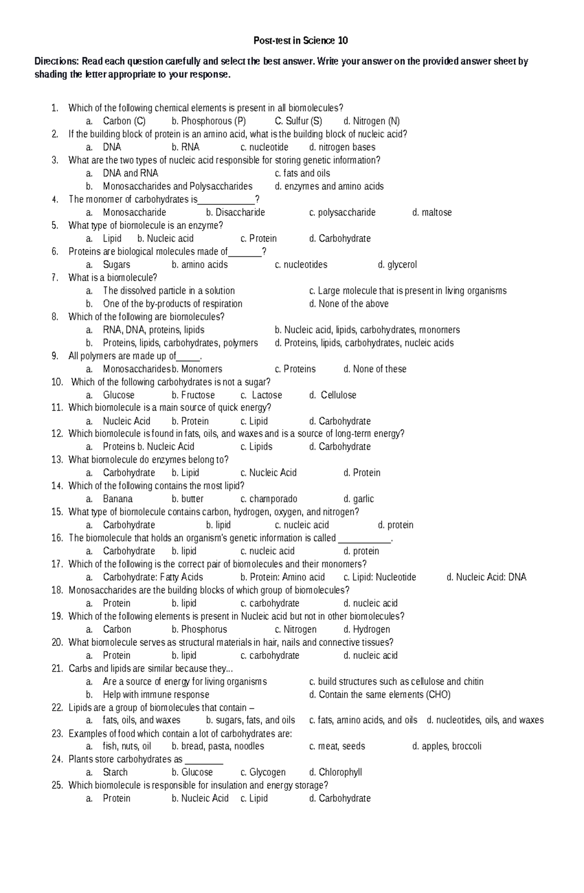Biomolecules Quiz - Science 10 Exam Preparation Guide - Studocu