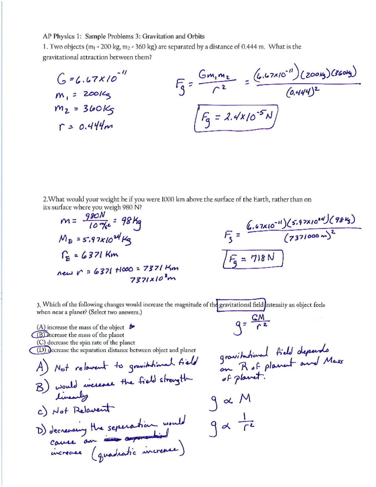 AP Physics 1: Sample Problem Set 3 Key - Gravitation & Orbits - Studocu