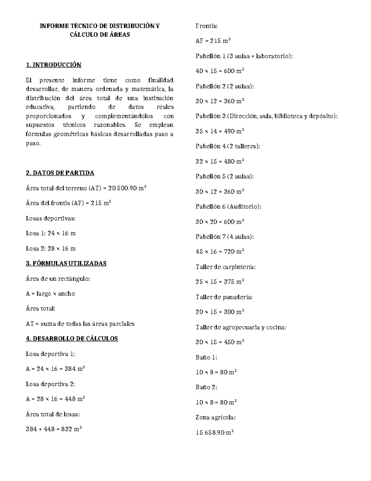Informe Técnico de Cálculo de Áreas - Colegio AF 215 m² - Studocu