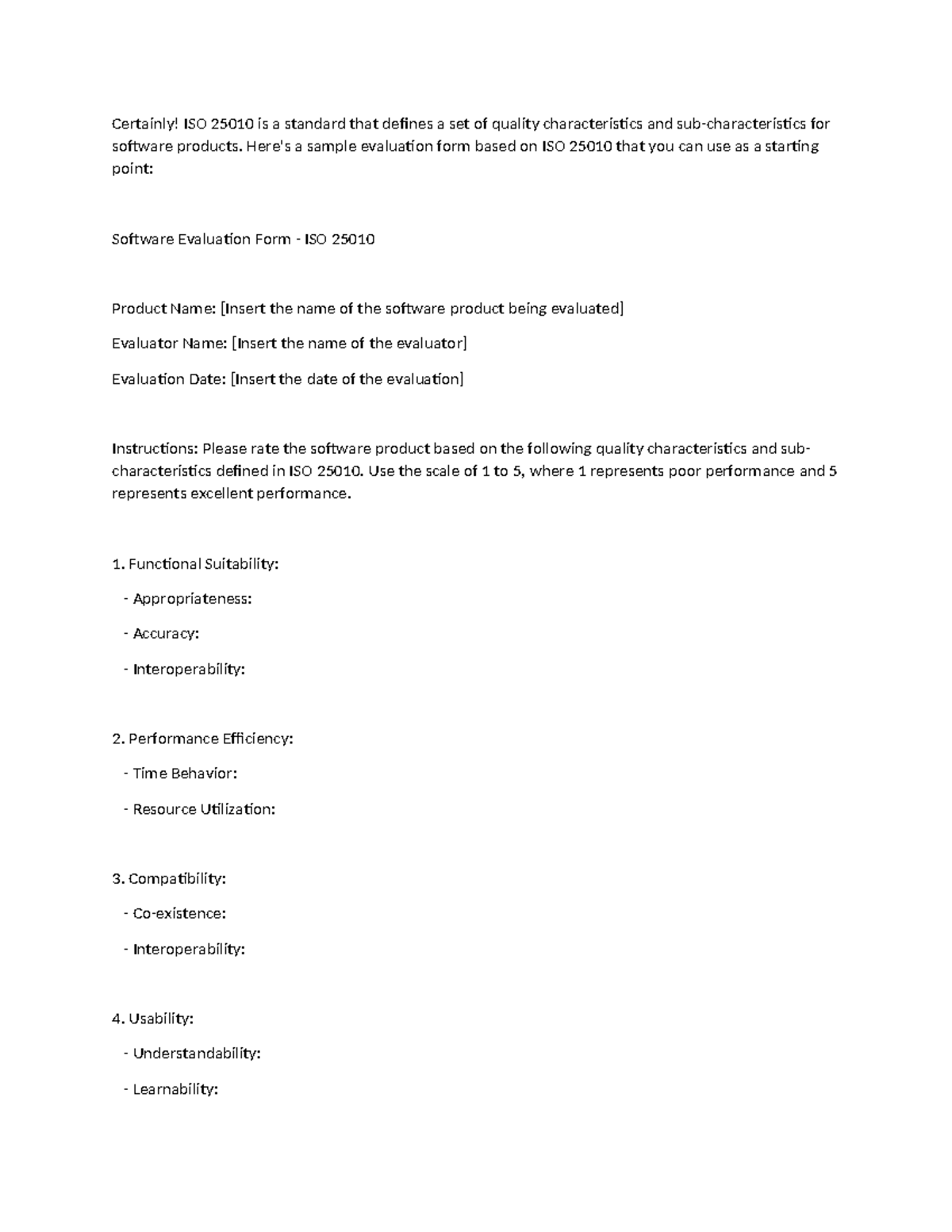 ISO 25010 Software Evaluation Form: Quality Assessment Guide - Studocu