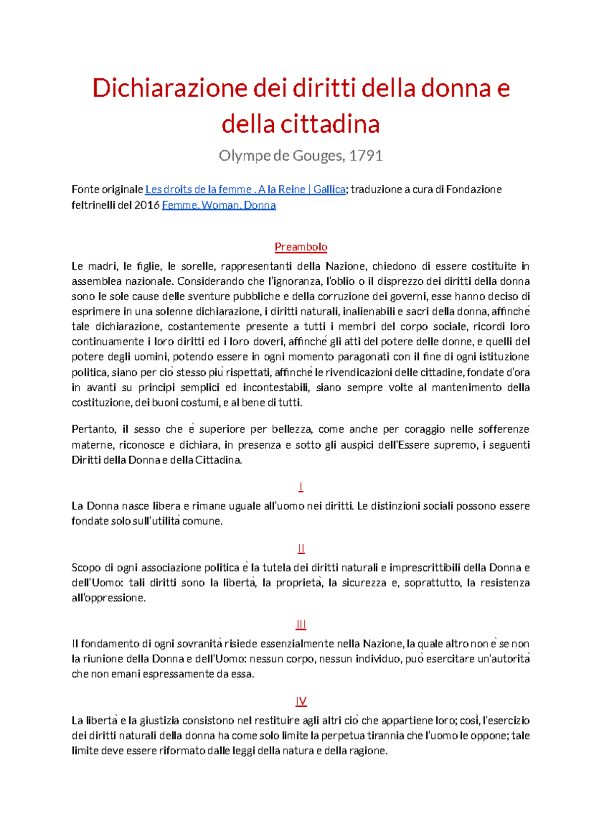 Olympe de Gouges: Dichiarazione dei Diritti della Donna e della ...