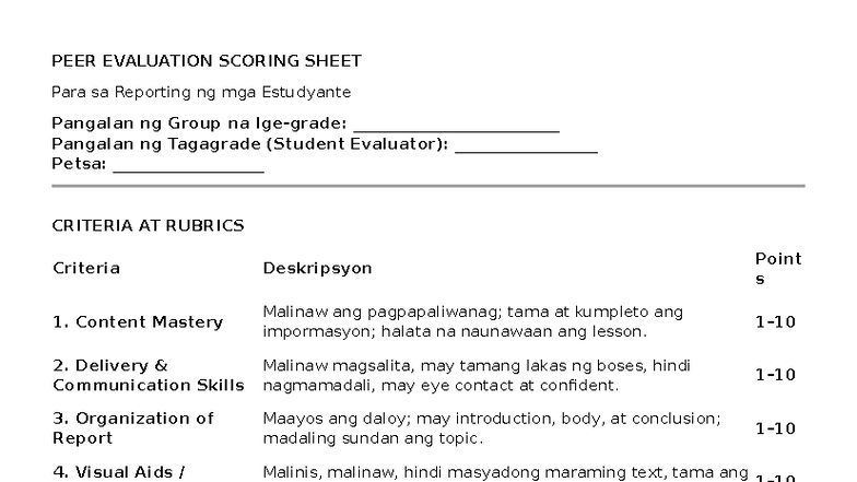 PEER EVALUATION SCORING SHEET FOR STUDENT REPORTING - Studocu