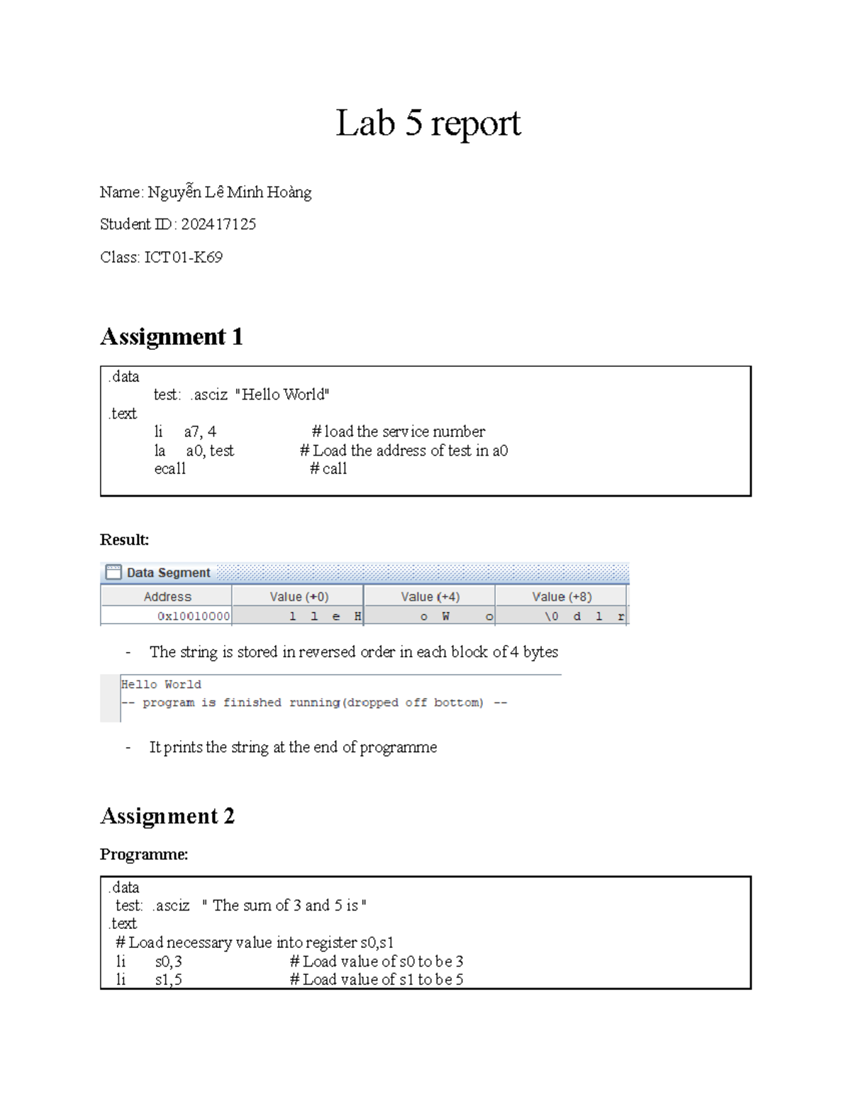 Lab 5 Report: String Manipulation and System Calls in Assembly - Studocu