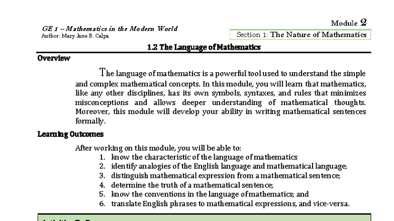 GE 1 Mathematics in the Modern World: Module 2 - The Nature of ...