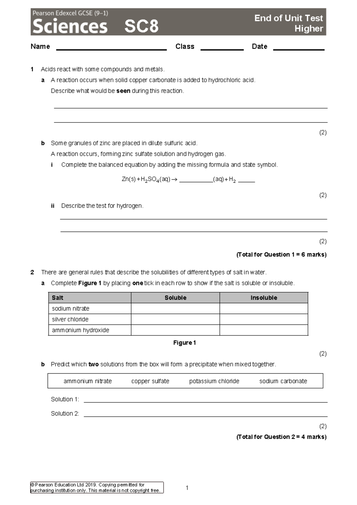 End of Unit Test SC8 Higher: Acids and Reactions Overview - Studocu