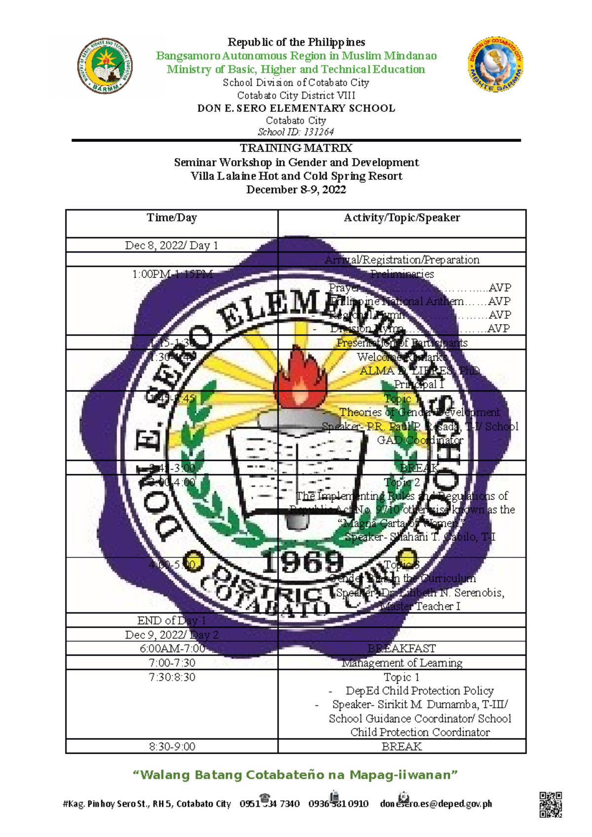 GAD Training Matrix for Gender & Development Seminar Workshop - Studocu