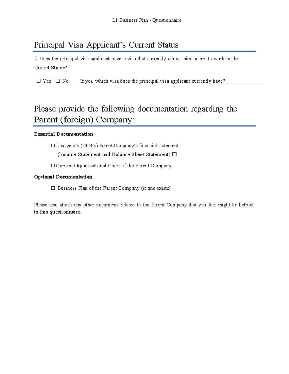 L 1 Business Plan Questionnaire - L1 Business Plan - Questionnaire ...