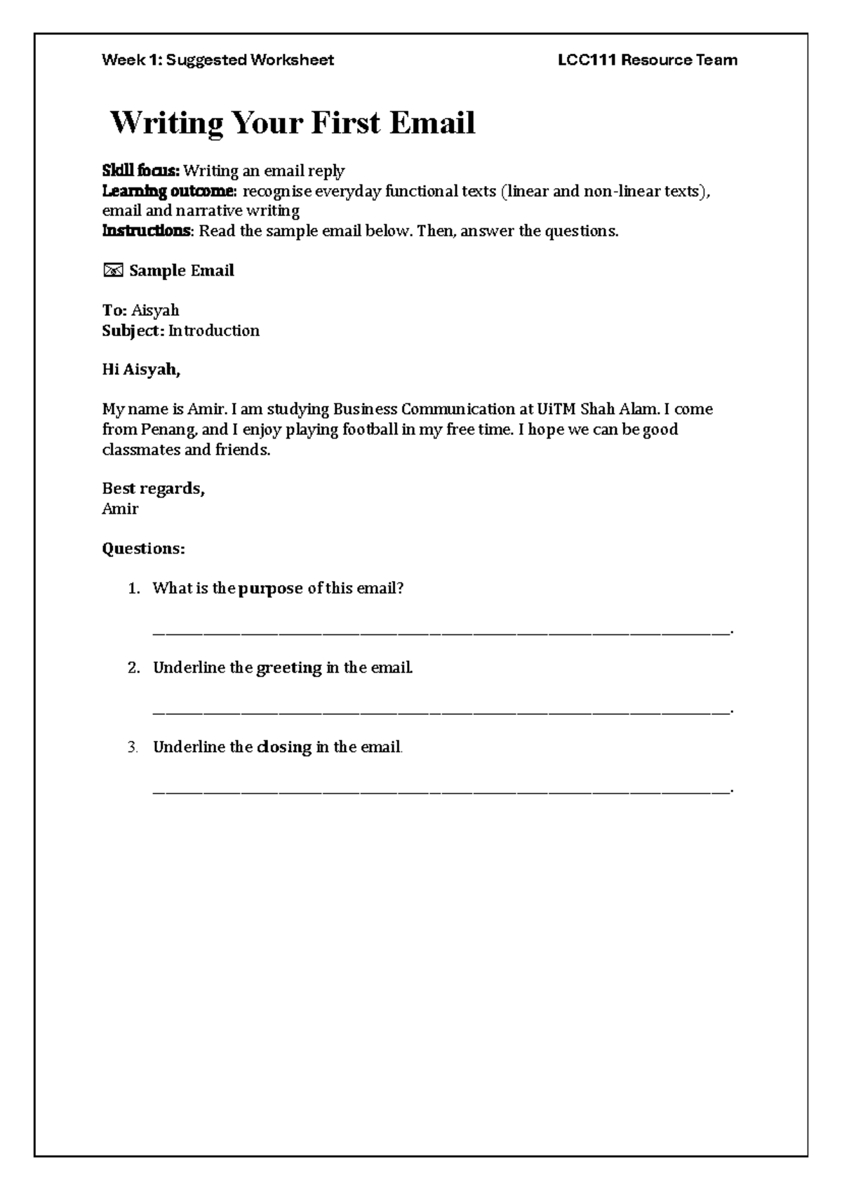 LCC111 Week 1: Email Writing Worksheet & Guided Practice - Studocu