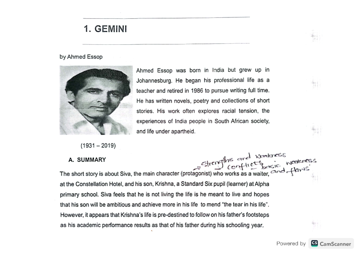 GEMINI - Analysis and Themes in Ahmed Essop’s Short Story - Studocu