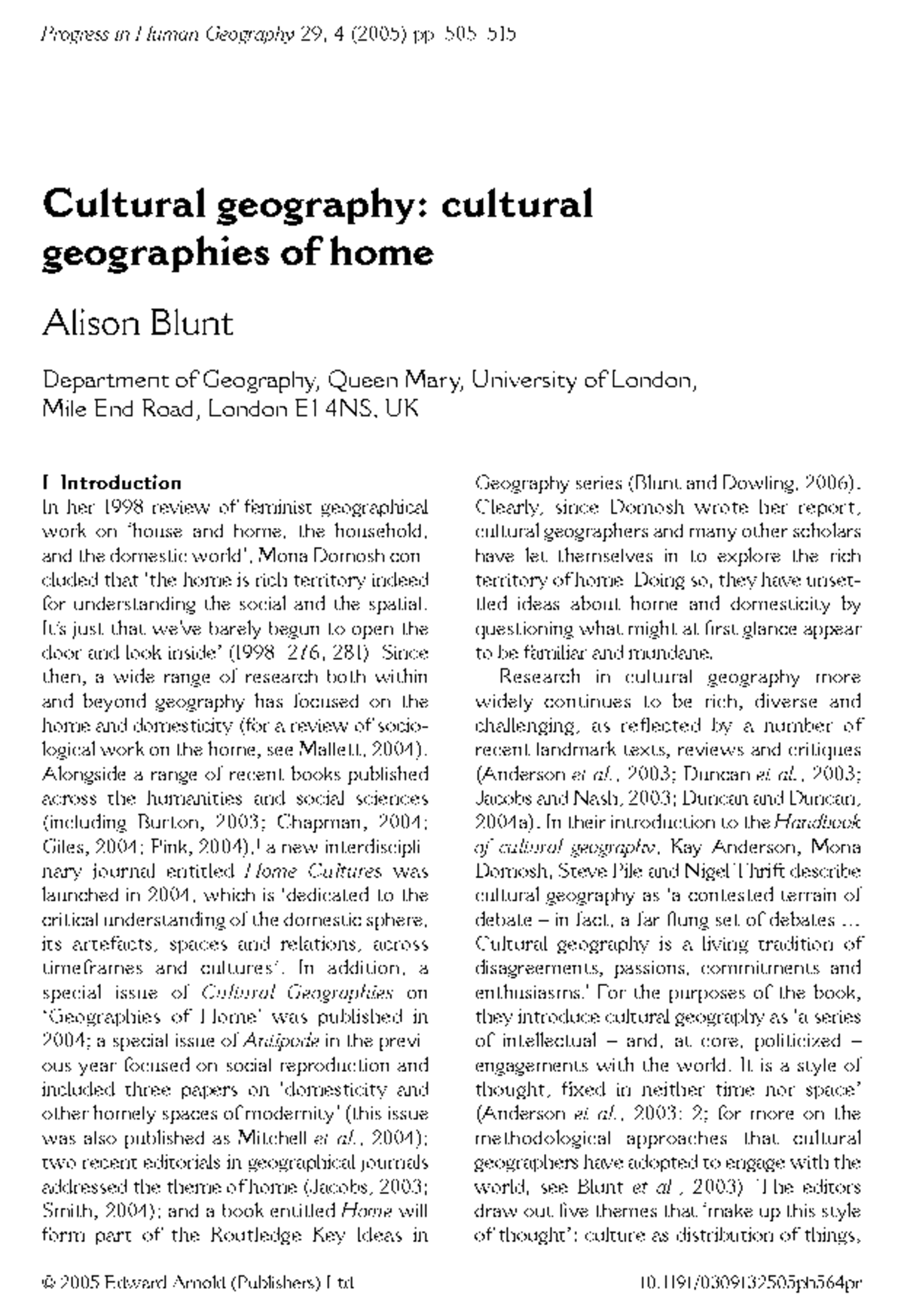 Cultural Geography Insights: Home and Domesticity (GEOG 2005) - Studocu