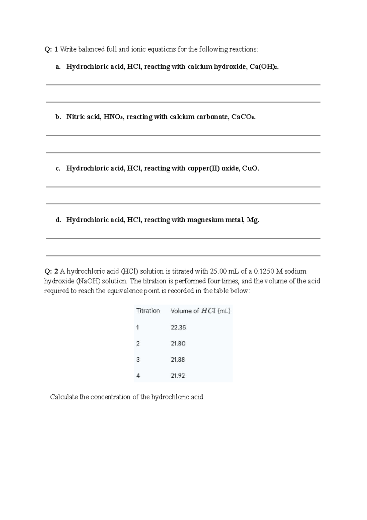Titration Practice: Balancing Equations for HCl Reactions - Studocu