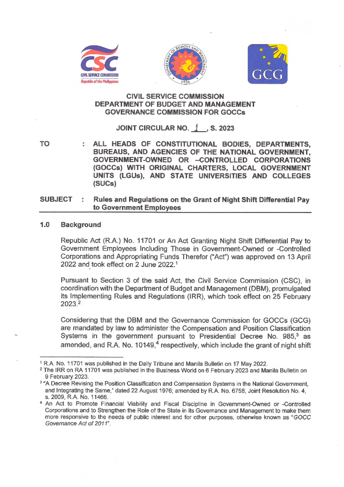 CSC DBM GCG Joint Circular No. 1 s. 2023: Night Shift Differential Pay ...
