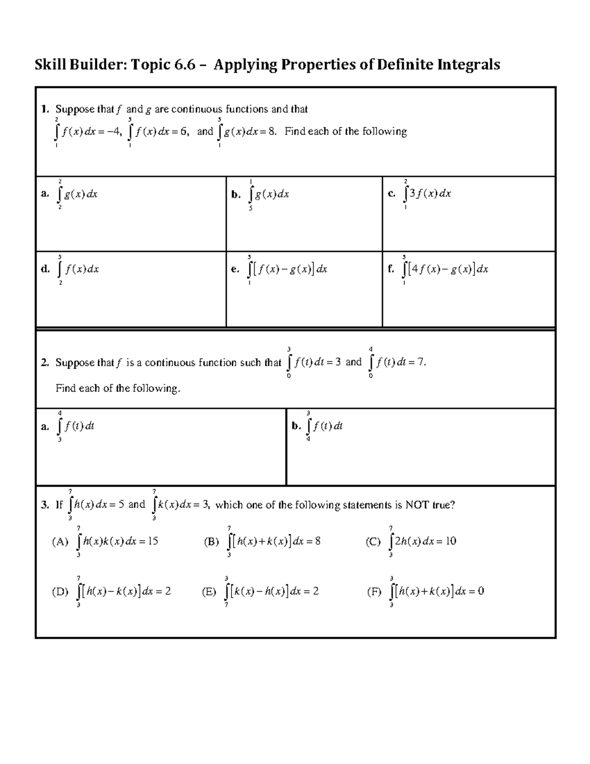 Topic 6.6 - Properties of Definite Integrals Skill Builder Exercises ...