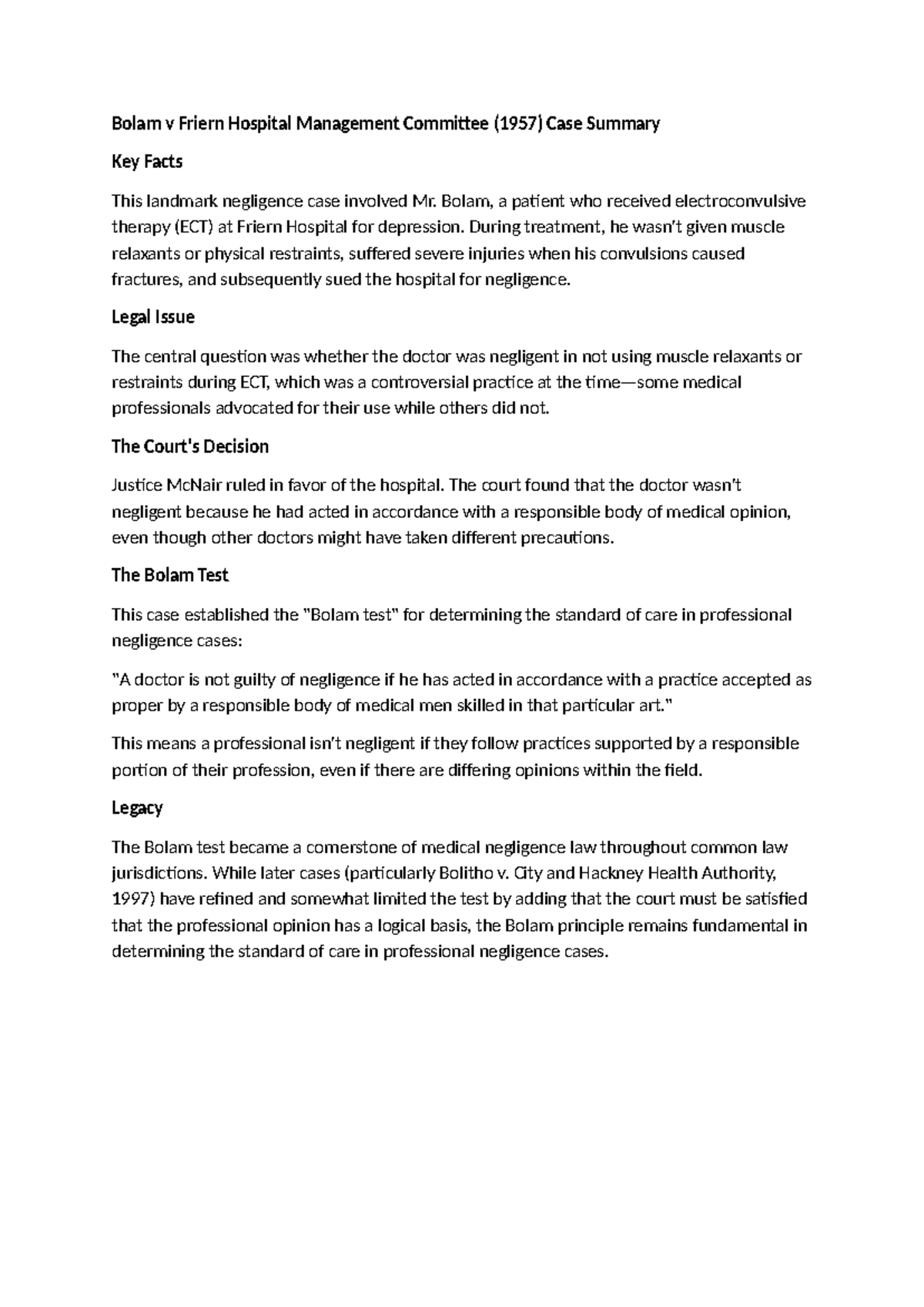Bolham case tort law - Bolam v Friern Hospital Management Committee ...