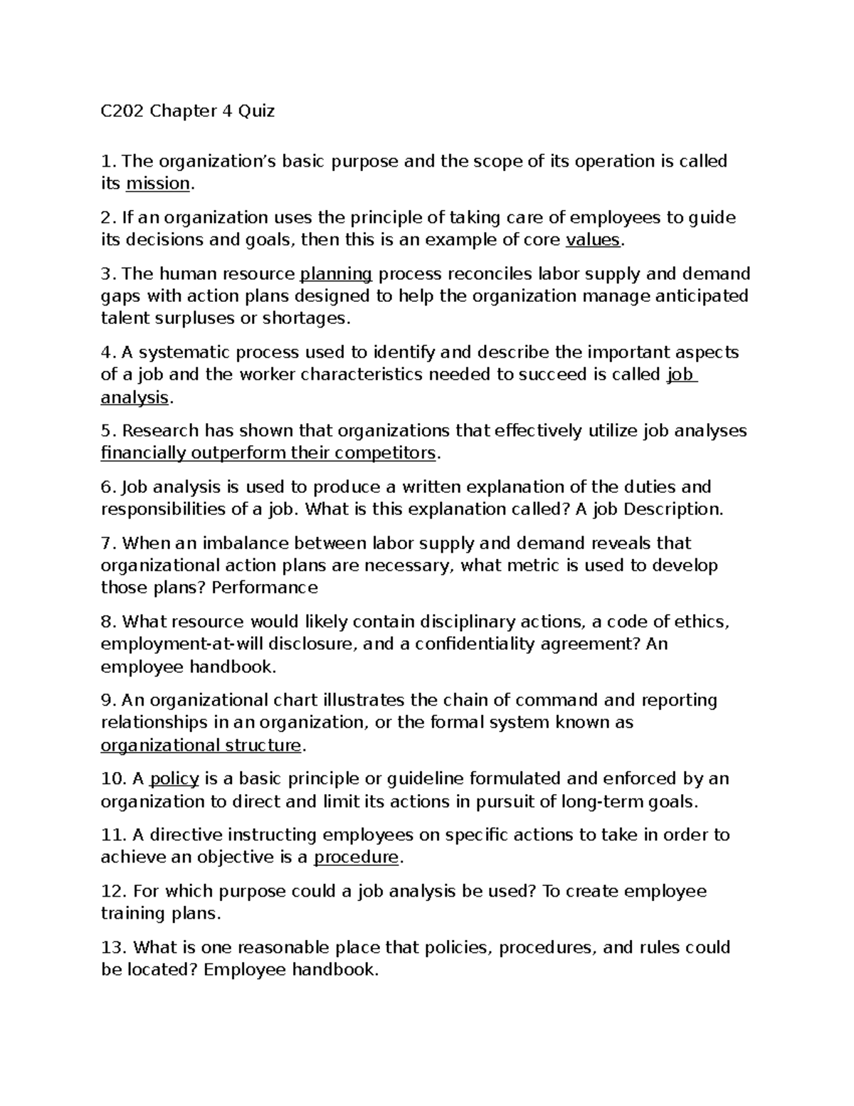 C202 Chapter 4 Quiz: Key Concepts in HR Management - Studocu