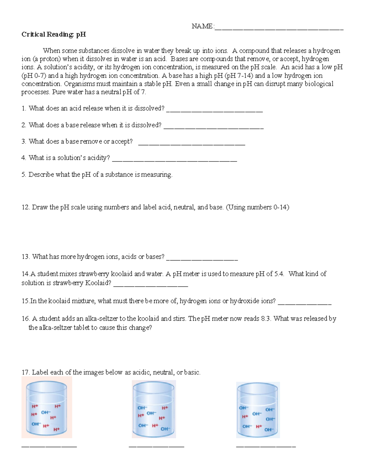 Critical Reading: pH Worksheet 15-16 on Acids and Bases - Studocu