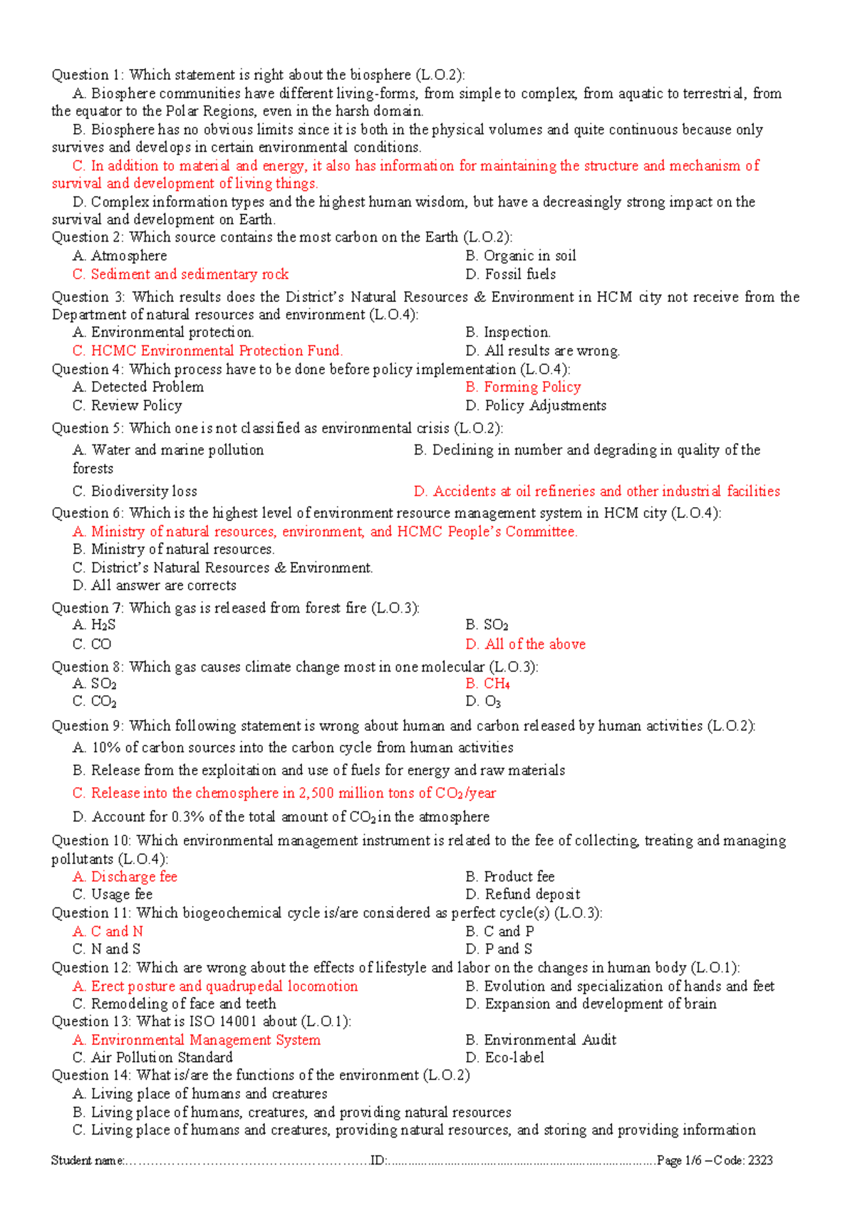 Test Review - Environmental Science (L.O.1, L.O.2, L.O.3, L.O.4) - Studocu
