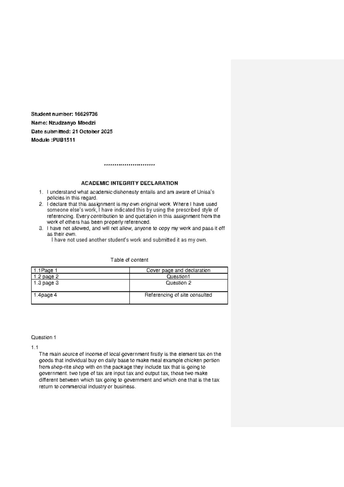 PUB1511 Academic Integrity Declaration and Local Government Analysis ...