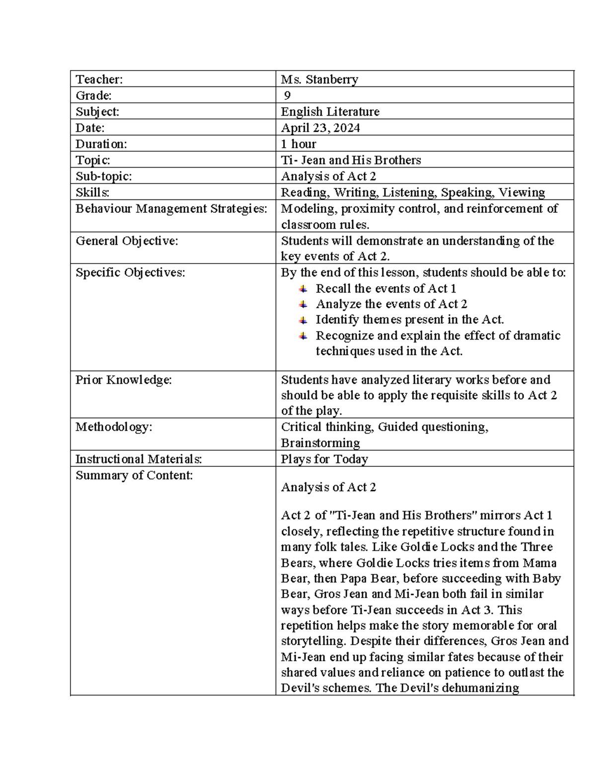 Ti-Jean and His Brothers Act 2 lesson plan - Teacher: Ms. Stanberry ...