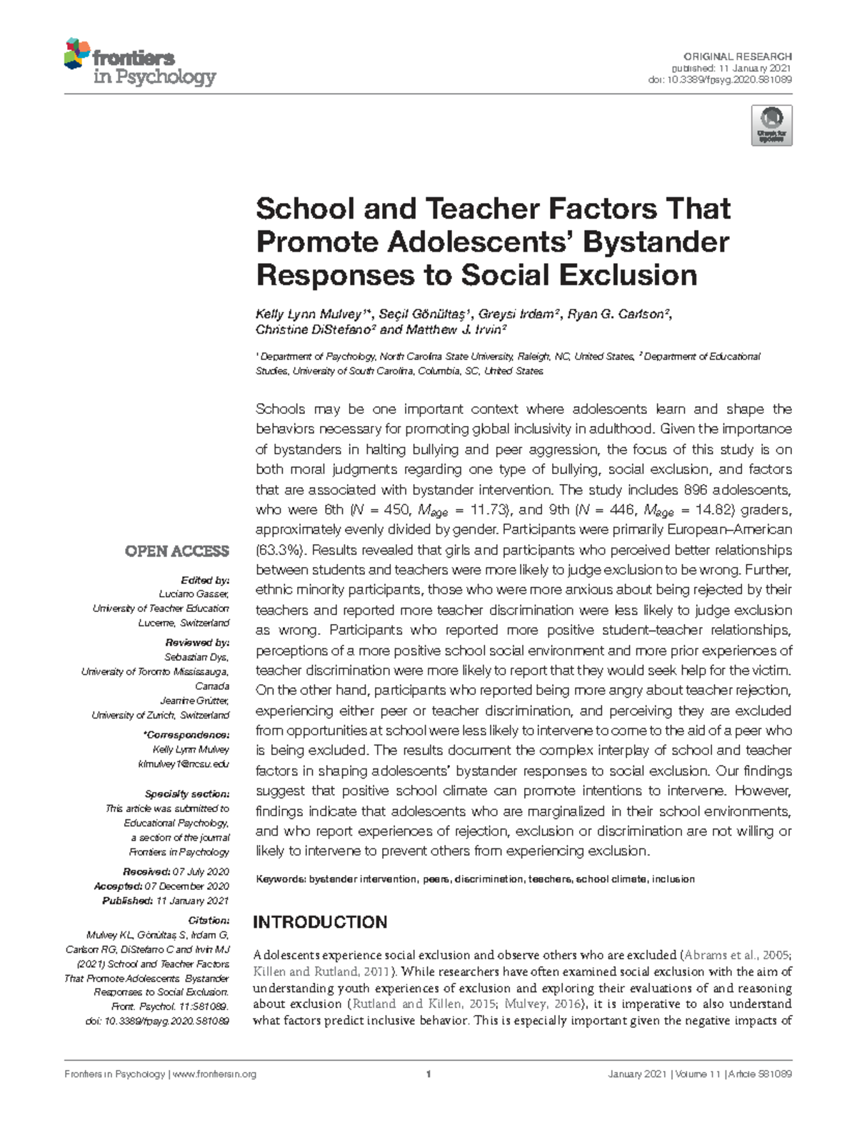 School and Teacher Factors Influencing Upstander Responses to Social ...