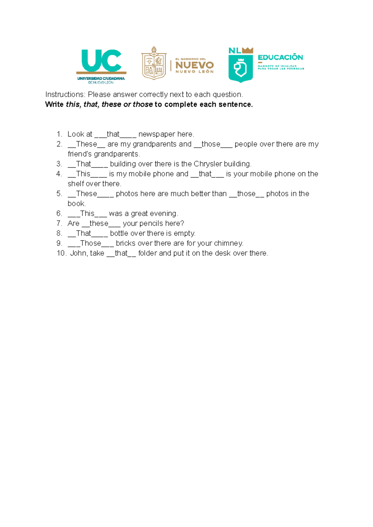 Activity 2: Using THIS, THAT, THESE, or THOSE in Sentences (Ingles ...