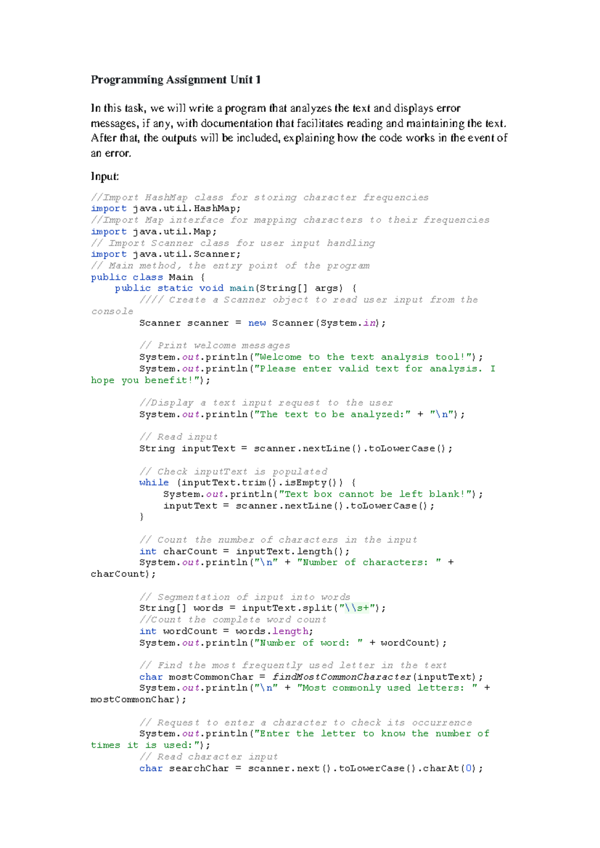 Programming Assignment Unit 1 - CS 1103(EM): Text Analysis in Java - Studocu