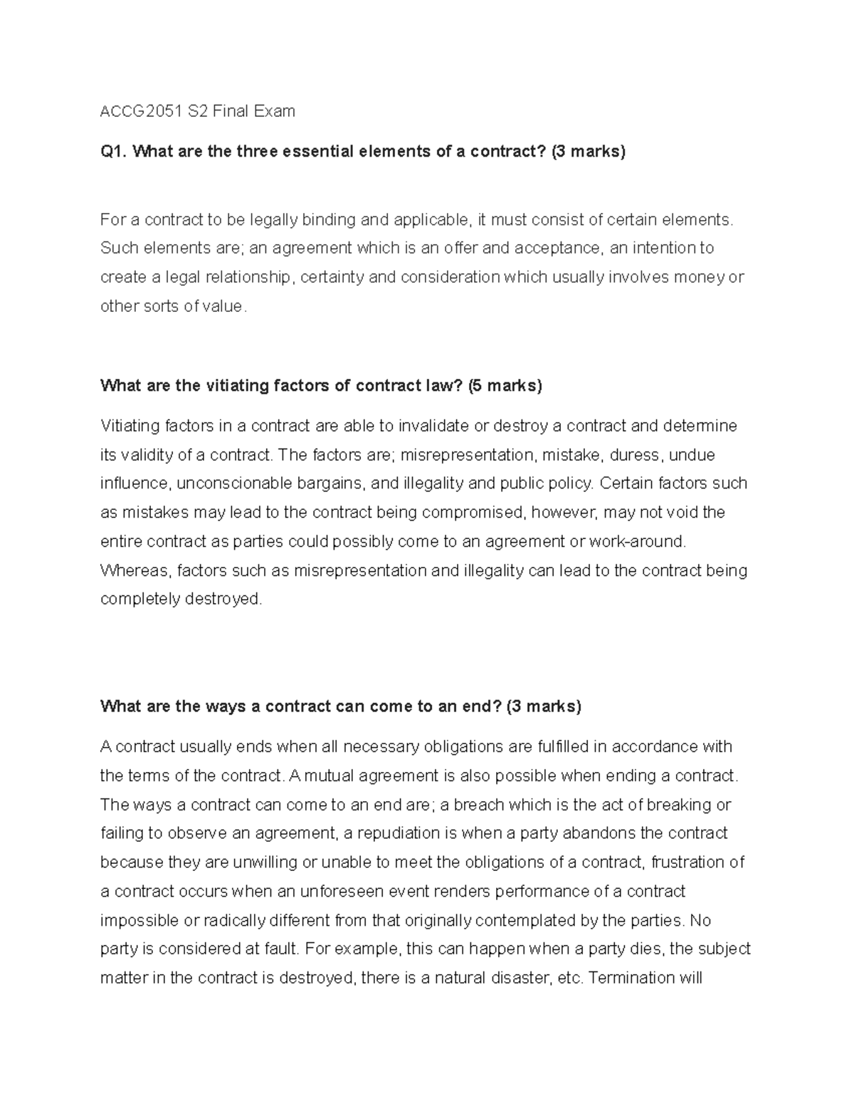 ACCG2051 S2 Final Exam Overview: Contracts & Negligence Insights - Studocu